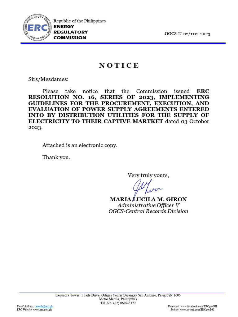Notice No. 1112-2023. Erc Resolution No. 16 J Series of 2023sgd | PDF