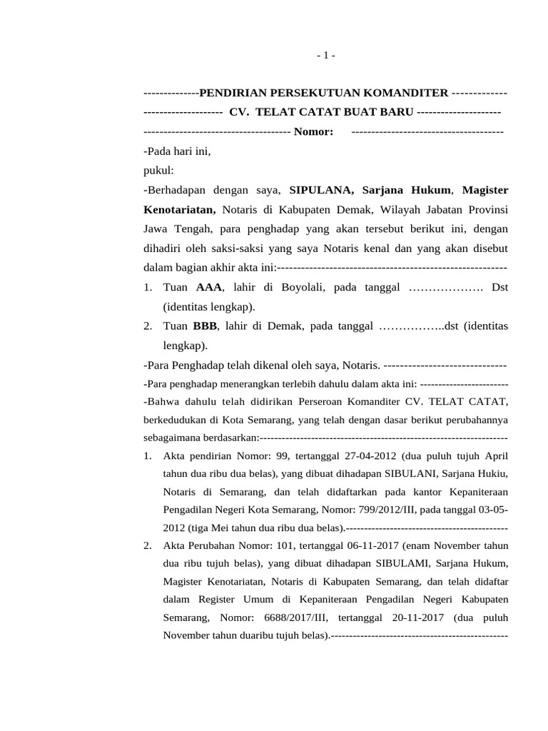 001 Draft Akta Cv. Telat Catat Buat Baru | PDF
