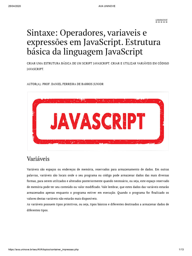 3 Sintaxe - Operadores, Variaveis e Expressões em JavaScript. Estrutura Básica Da Linguagem ...