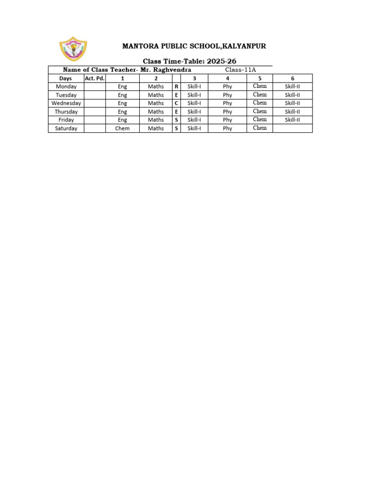 Class 11A Timetable 2025-26 | PDF