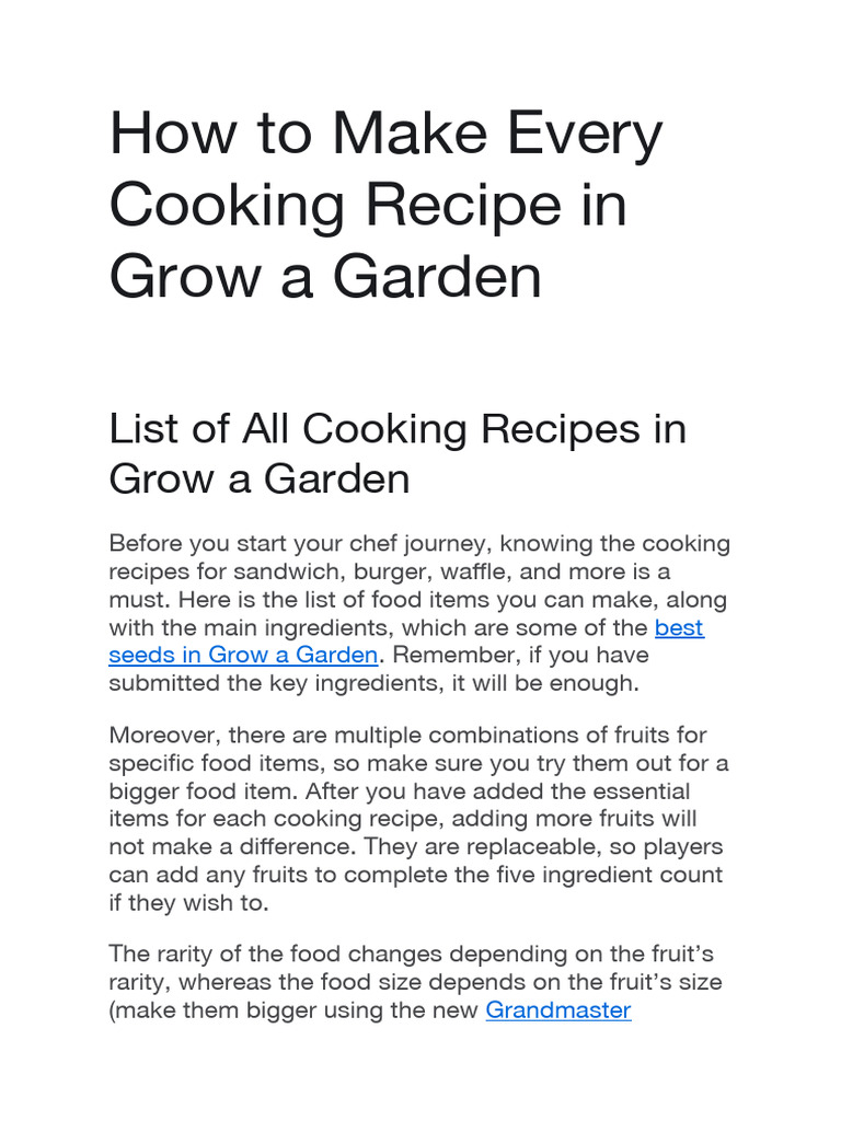 Complete Cooking Recipes in Grow a Garden | PDF