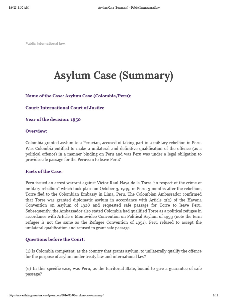 Asylum Case (Summary) - Public International Law | PDF | Right Of ...