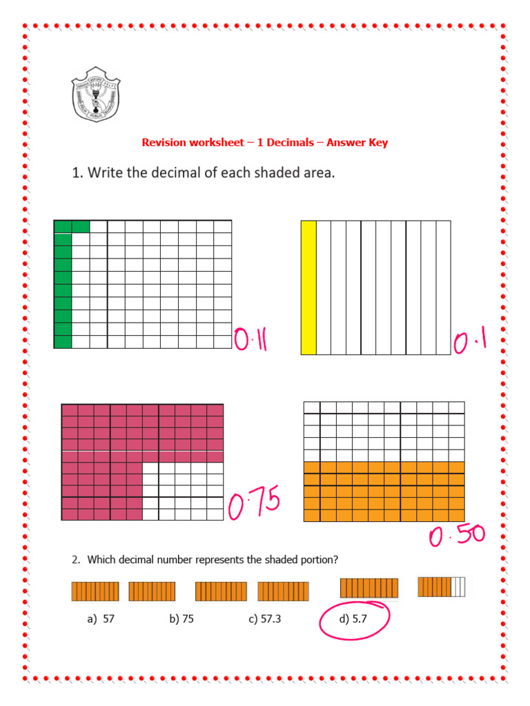 Class 4 Decimals Revision Answer Key | PDF | Decimal | Numbers