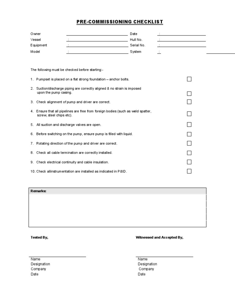Pre-Commissioning Pump Checklist | PDF