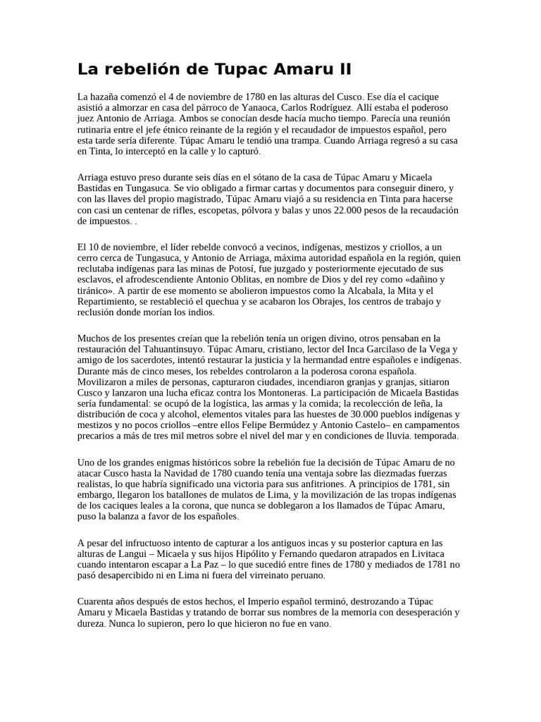 La Rebelión de Tupac Amaru II 2025 | PDF | América del Sur