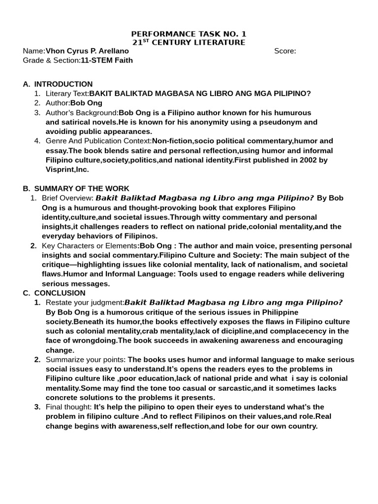 Performance Task No. 1 Literary Analysis | PDF