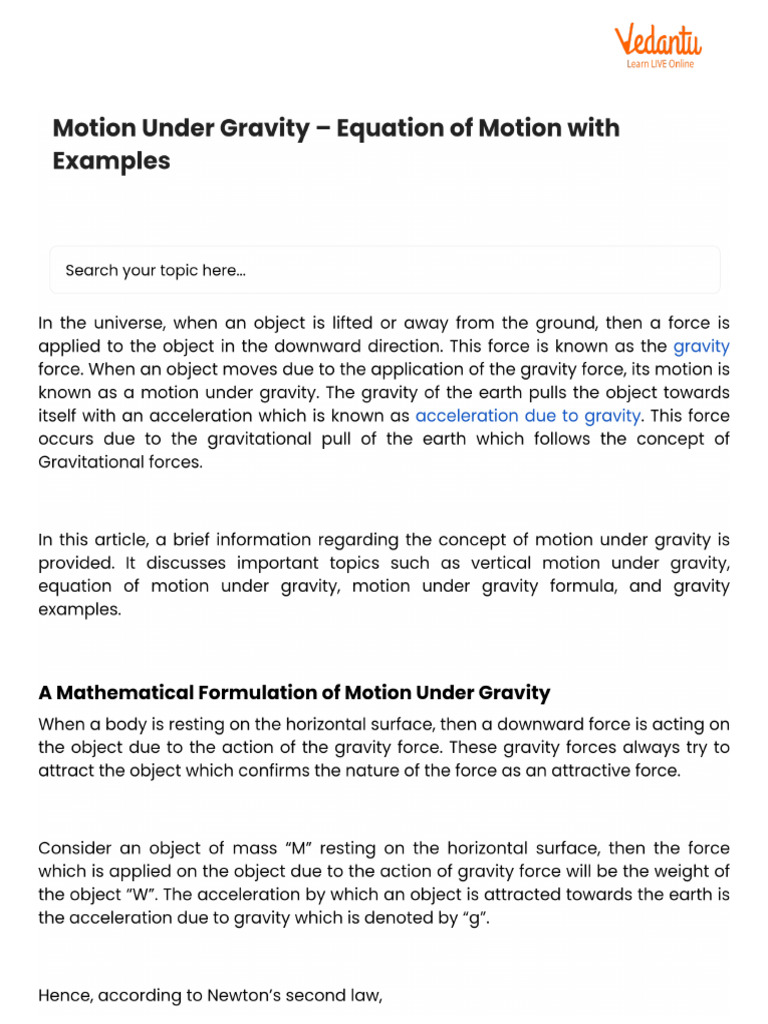 Motion Under Gravity - Equation of Motion With Examples | PDF