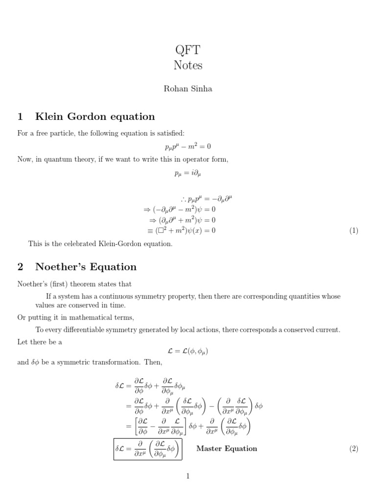 QFT Notes: 1 Klein Gordon Equation | PDF