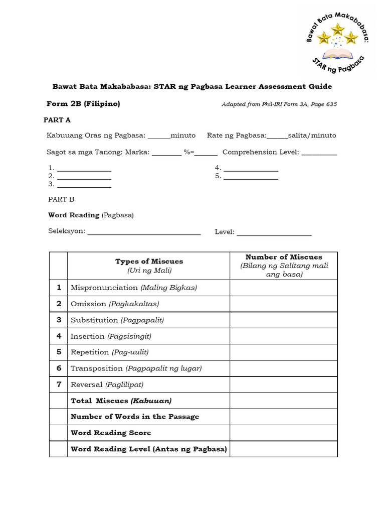BBM STARP Form B (Filipino) - Back-to-Back Printing per Learner | PDF ...