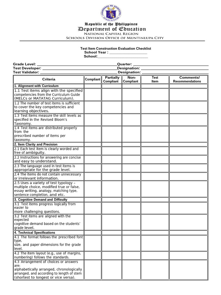 Test Item Construction Evaluation Checklist Adapted | PDF | Educational ...