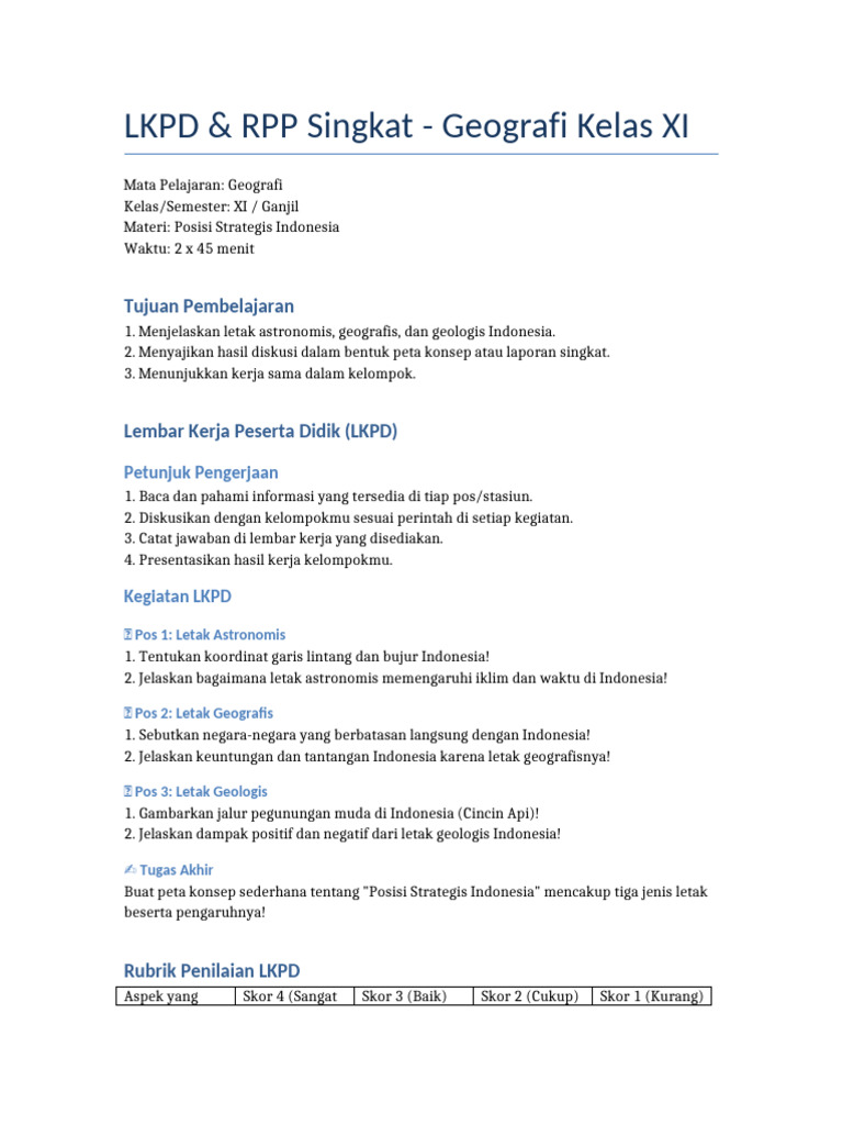 LKPD RPP Geografi Kelas11 Posisi Indonesia | PDF