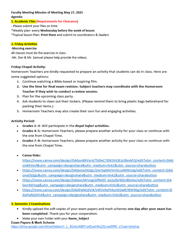 Faculty Meeting Minutes of Meeting May 27, 2025 | PDF | Schools
