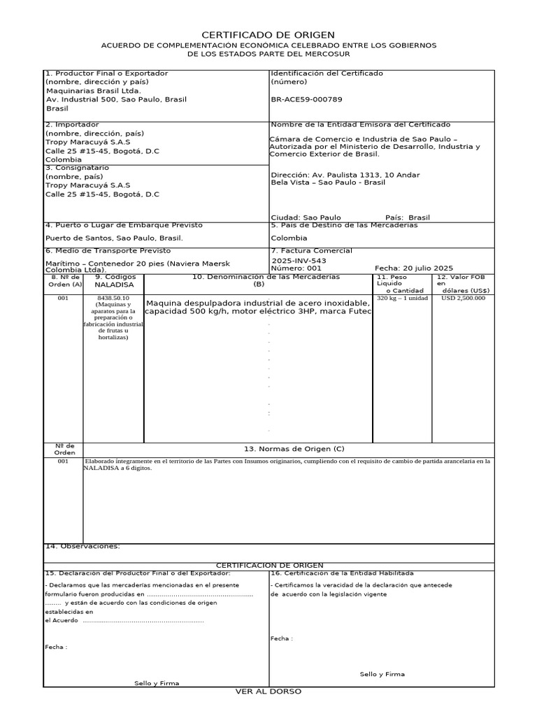 Certificado Origen | PDF | Brasil | Sao Paulo
