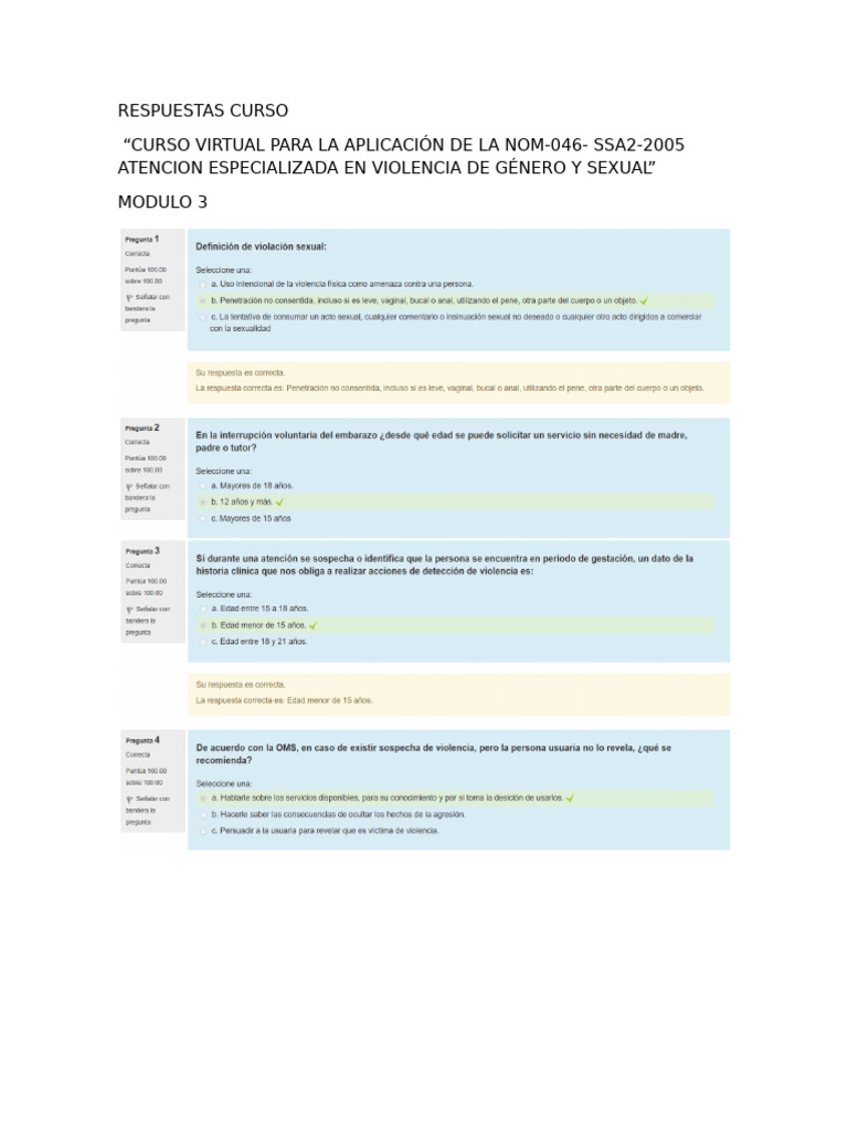 Respuestas Curso Virtual Para La Aplicacion de La Nom 046 Ssa2 2005 Modulo 3 | PDF