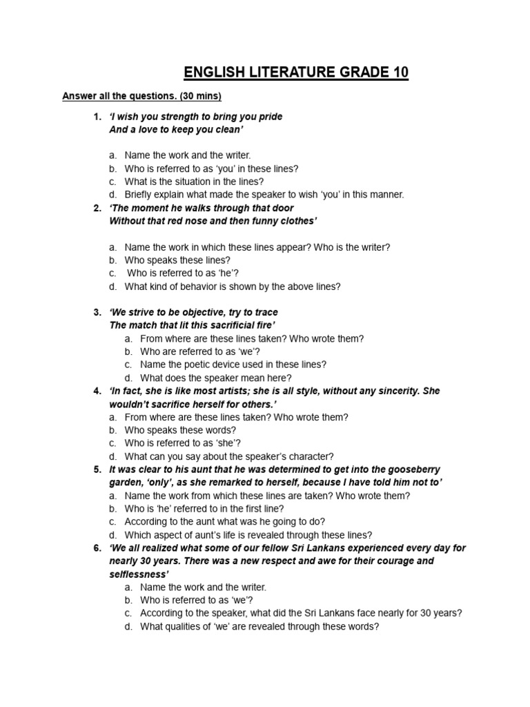 Grade 10 English Literature Test Paper | PDF