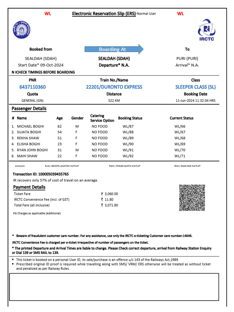 22201/duronto Express Sleeper Class (SL) : WL WL | PDF | Identity ...