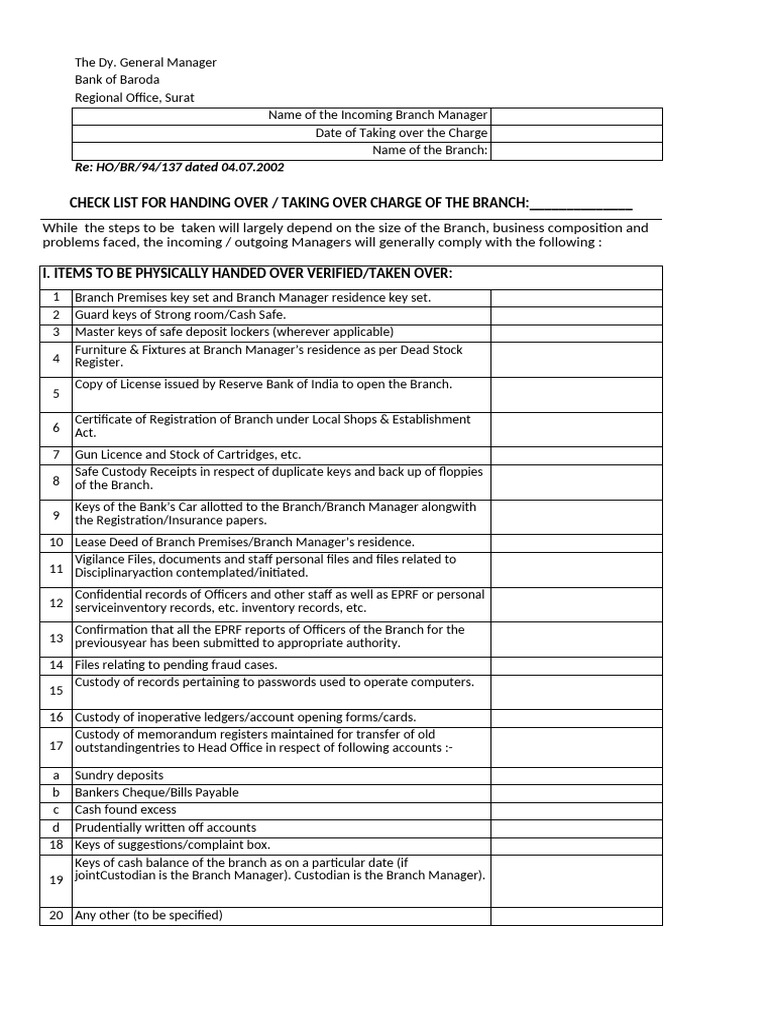 Branch Charge Handover Checklist | PDF | Audit | Banks