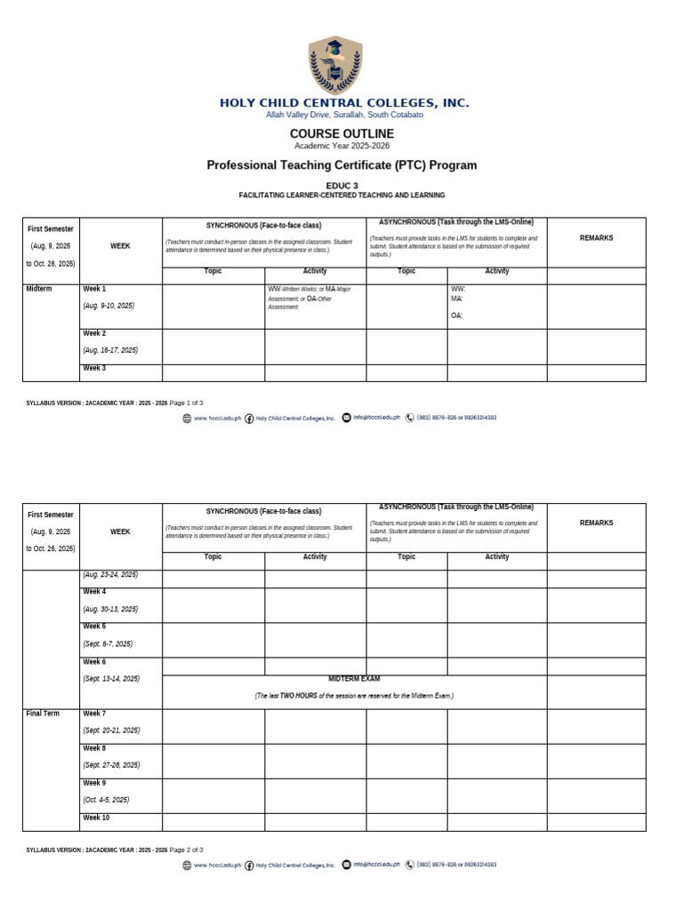 PTC Program Course Outline 2025-2026 | PDF | Educational Stages | Pedagogy