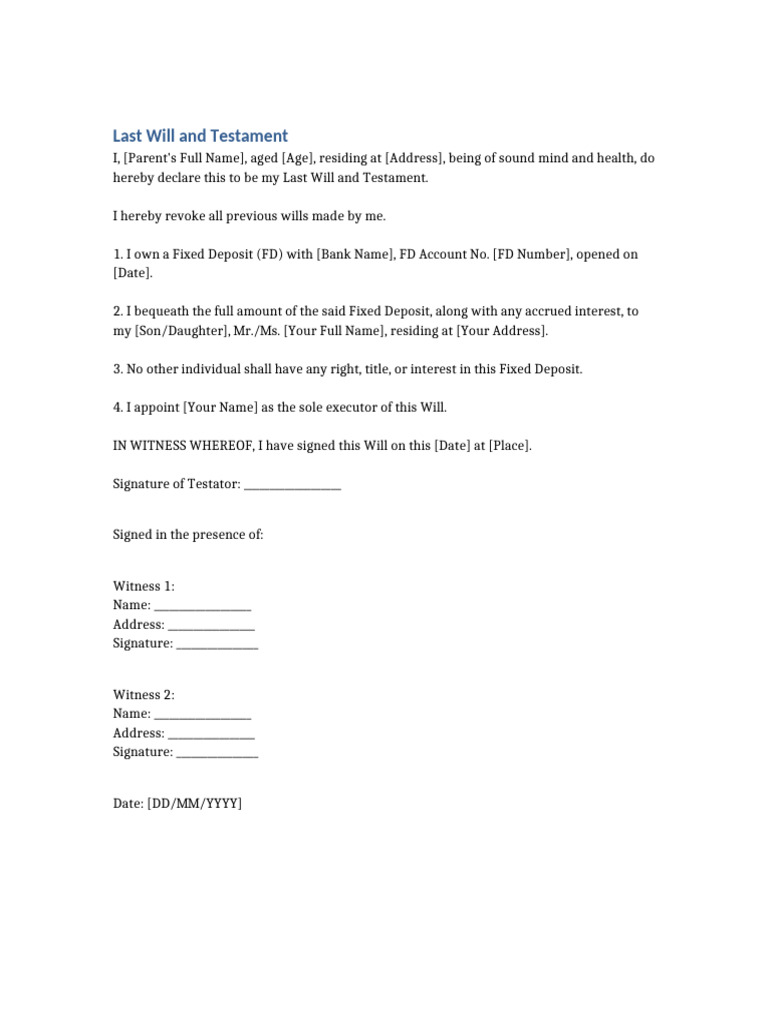 Sample Will Only FD Beneficiary | PDF