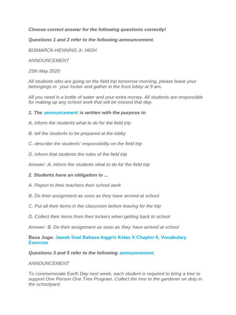 Announcement Examples and Questions | PDF | Linguistics