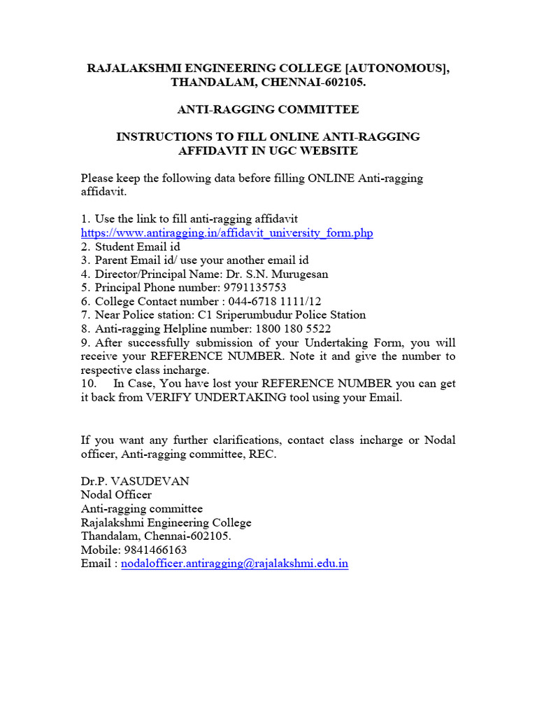 Required Datas To Fill Anti-Ragging Affidavit | PDF
