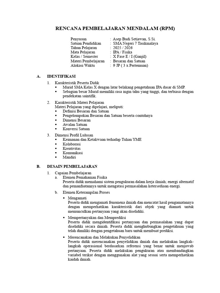 RPM Pembelajaran Fisika SMA Kelas X | PDF