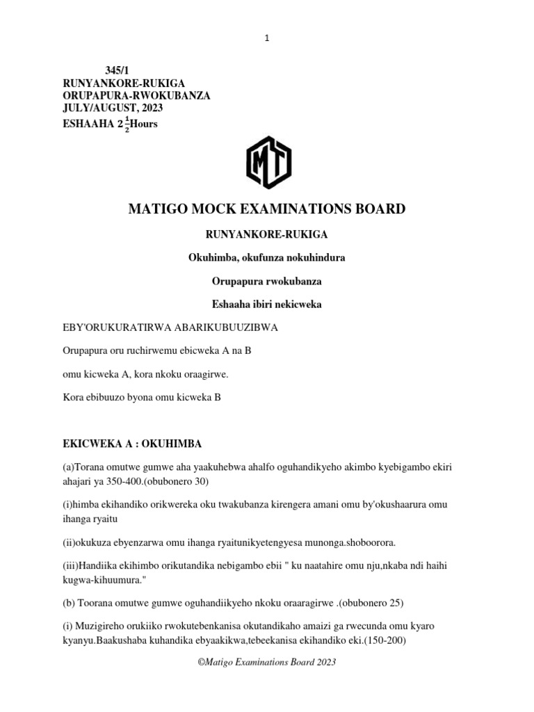 Matigo Mocks Runyankole Uce PP1 2023 QP | PDF | Behavioural Sciences | Living Arrangements