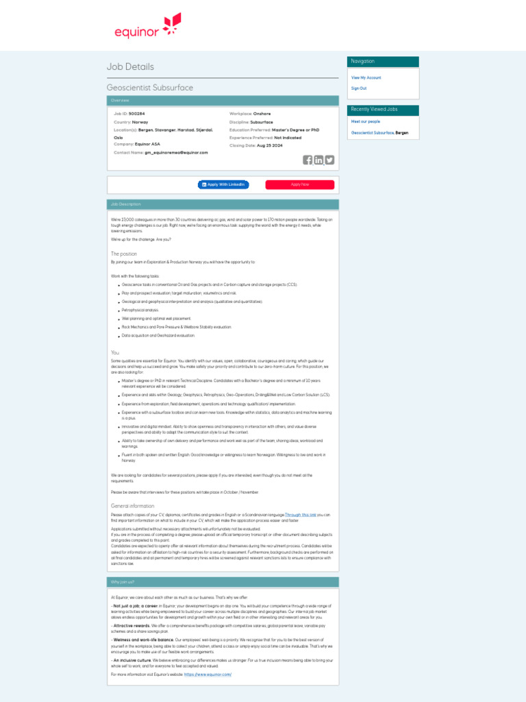 Geoscientist Subsurface Position at Equinor | PDF | Carbon Capture And ...