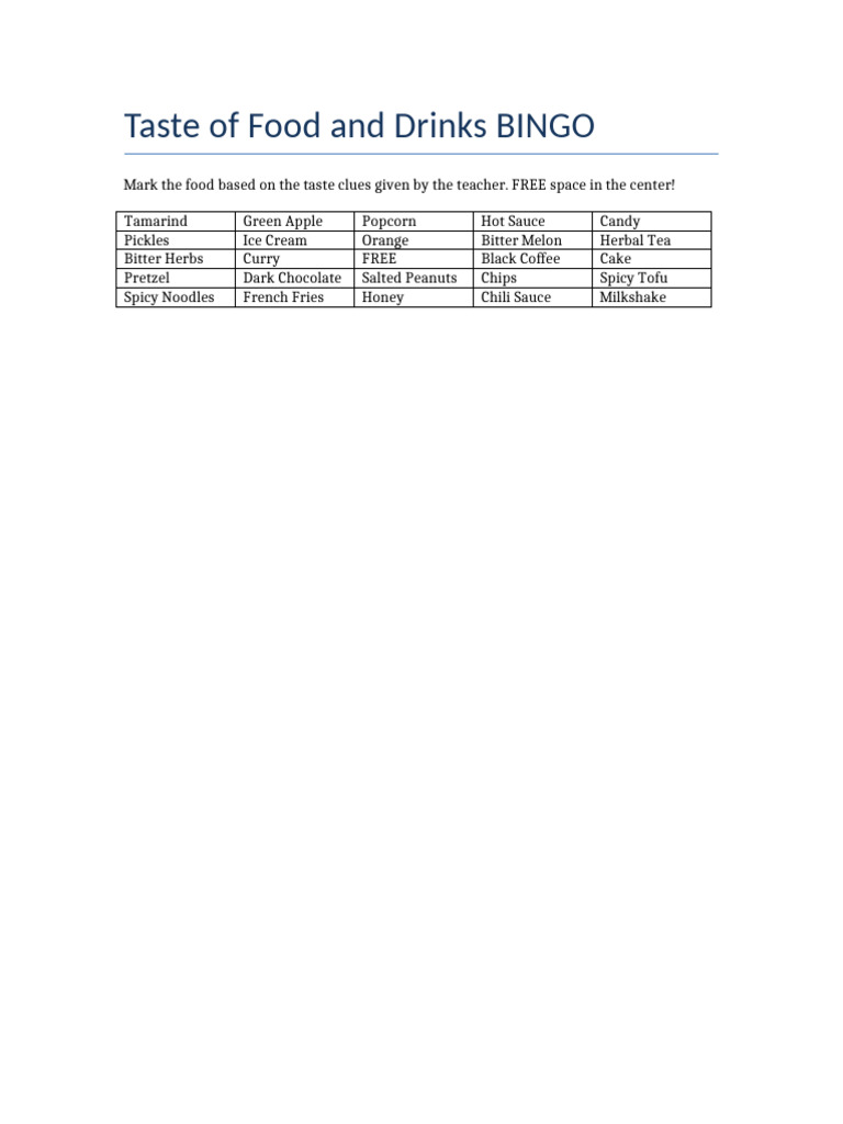Bingo Taste of Food and Drinks | PDF