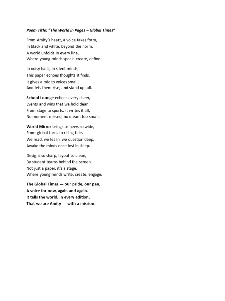A World in Pages - The Global Times Poem (Ritvik Bhattacharya) | PDF