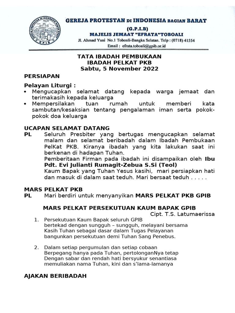 Ibadah Pembukaan Pelkat PKB GPIB | PDF