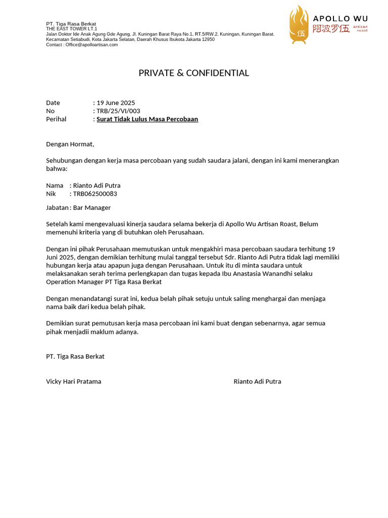 Surat Pemutusan Kerja Masa Percobaan | PDF