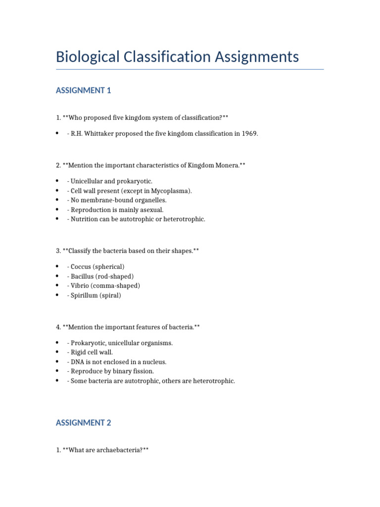 Biological Classification Assignments | PDF | Cyanobacteria | Fungus