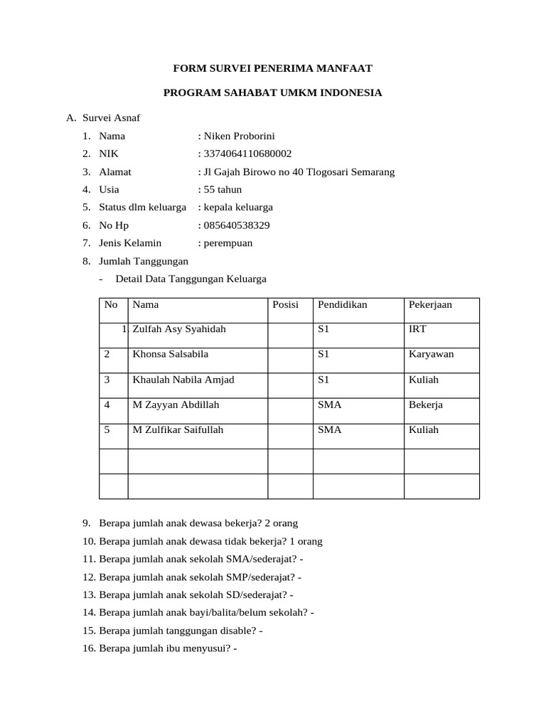 Form Assessment Penerima Manfaat SUI (1) | PDF