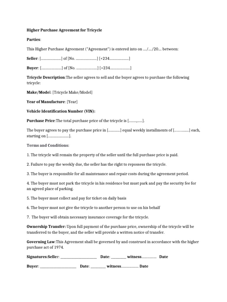 Higher Purchase Agreement | PDF