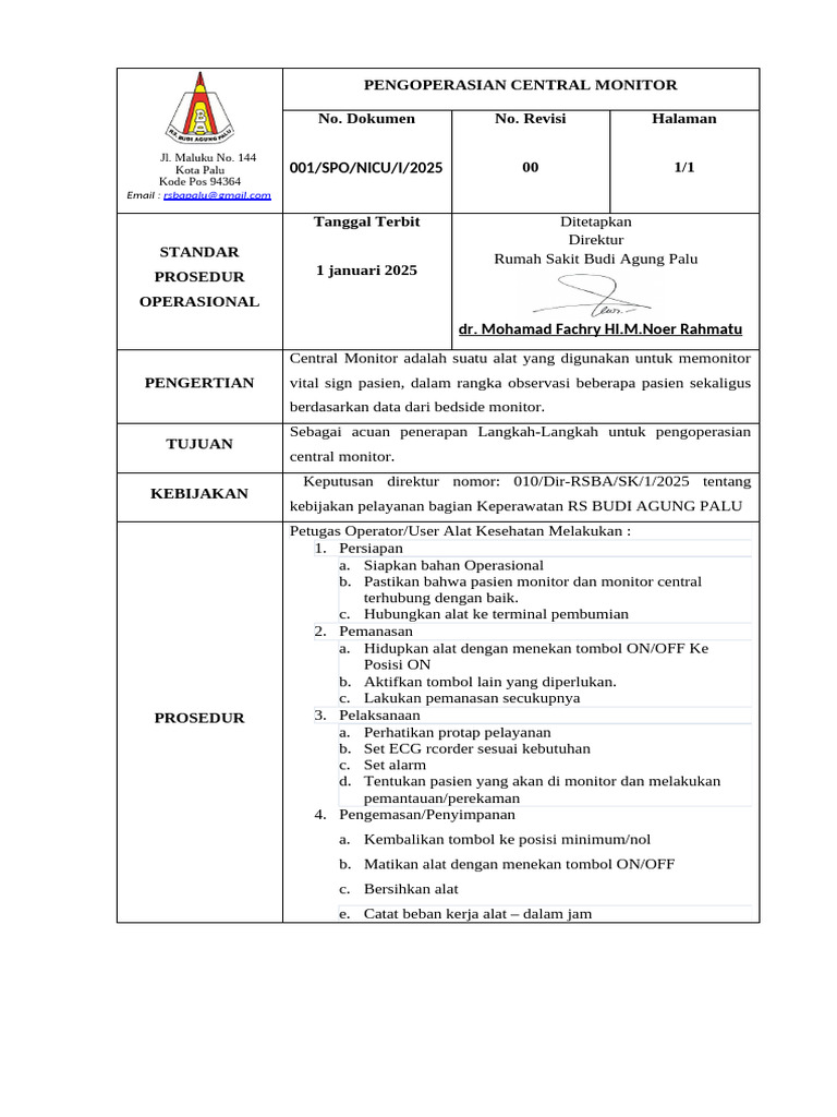 Prosedur Operasional Central Monitor RS Budi Agung | PDF