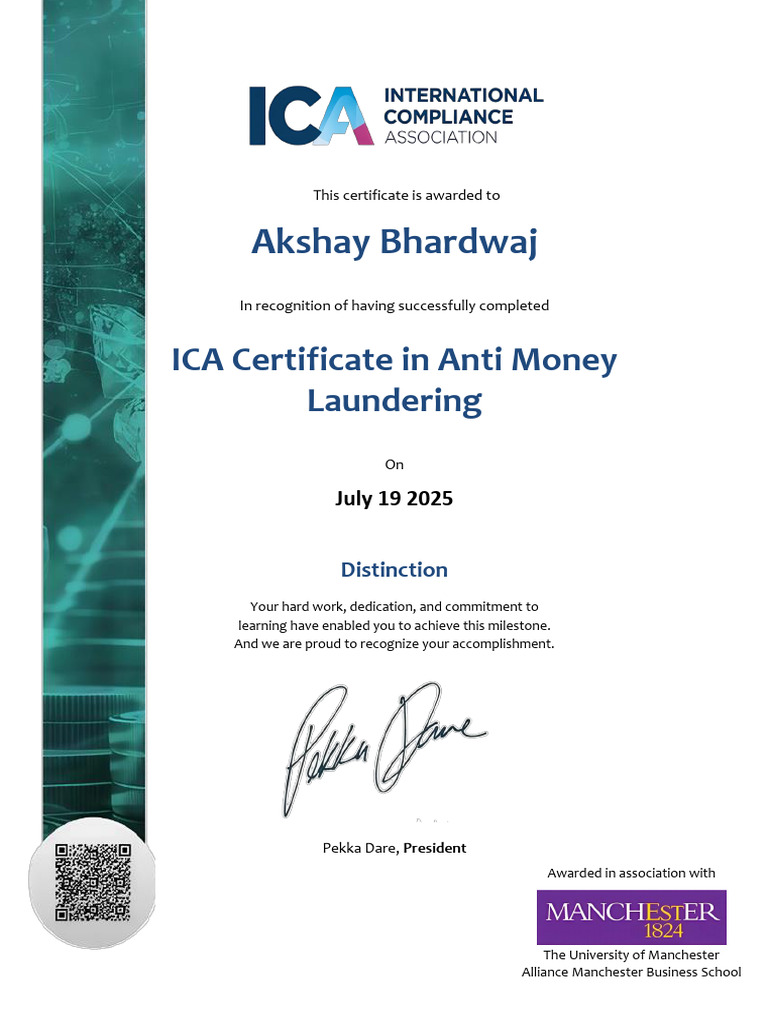 Akshay Bhardwaj: ICA Certificate in Anti Money Laundering | PDF