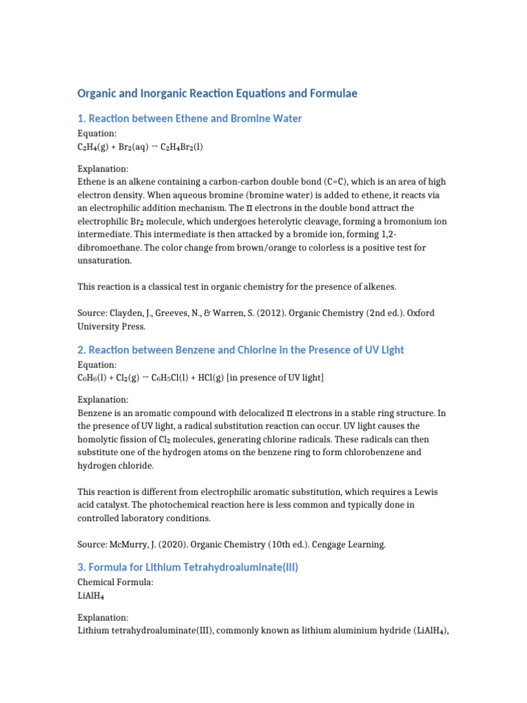 Organic Reaction Equations and Examples | PDF | Chemical Reactions | Alkene