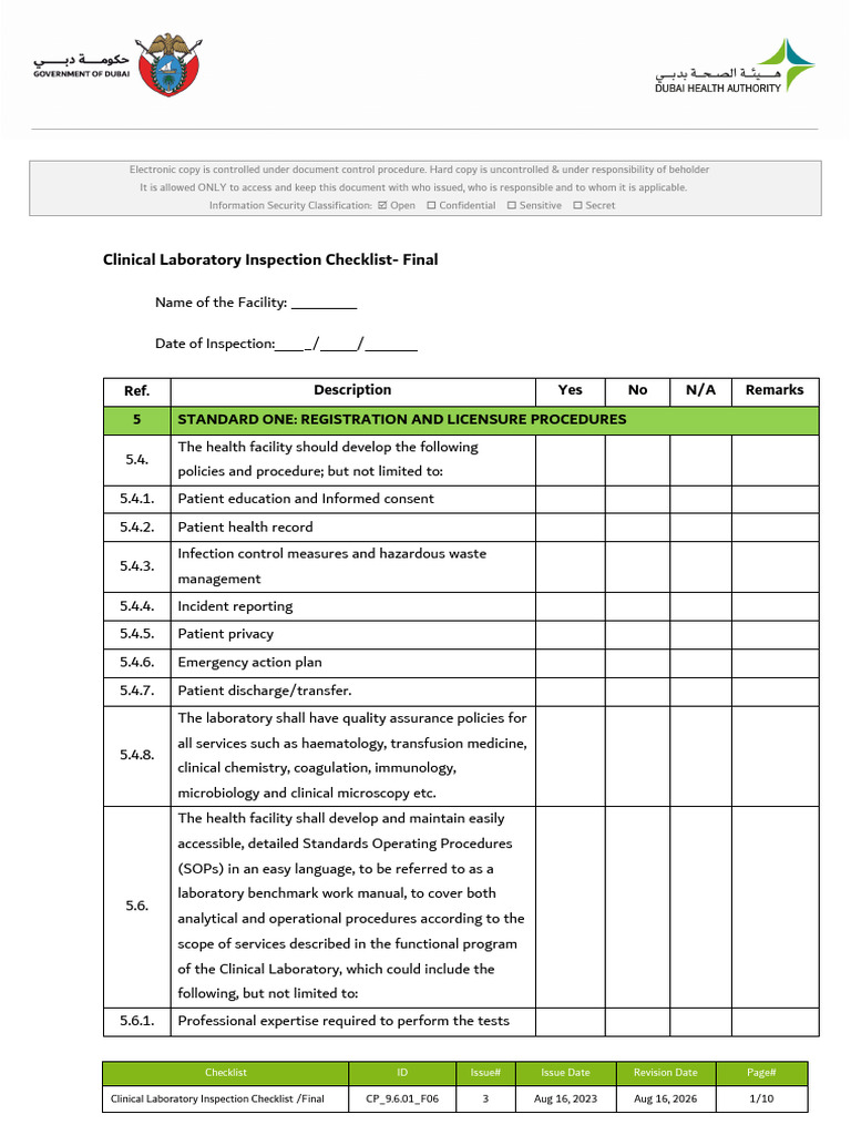 Clinical Laboratory Inspection Checklist | PDF | Pathology | Medicine
