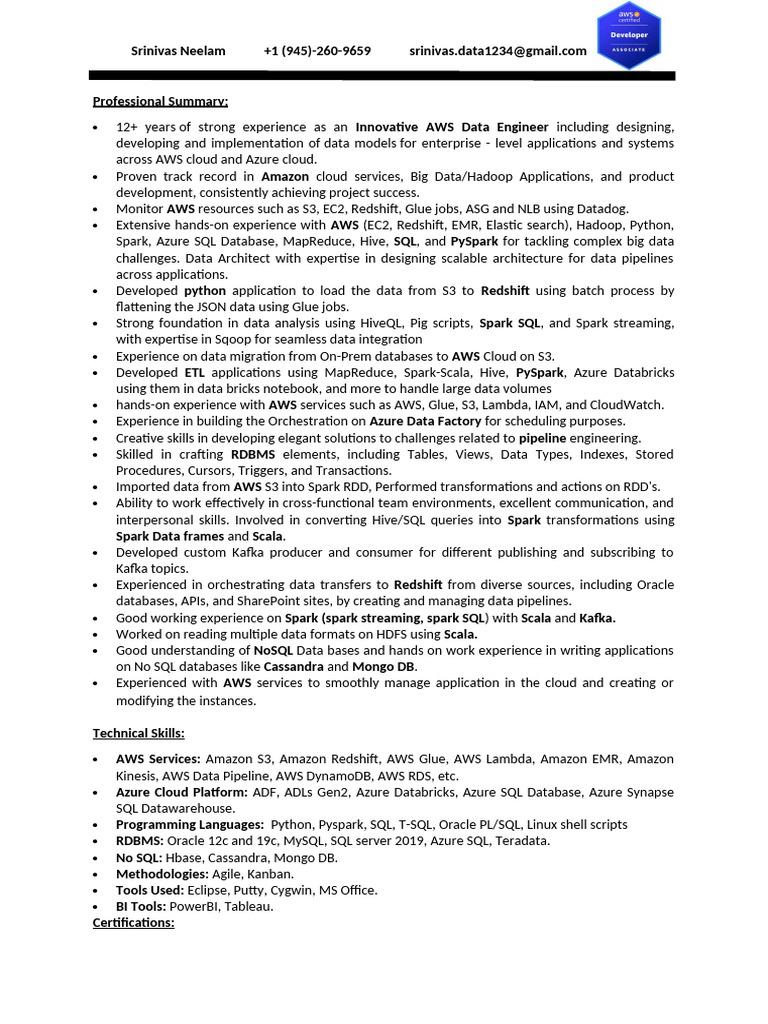 Srinivas AWS Data Engineer | PDF | Amazon Web Services | Apache Spark