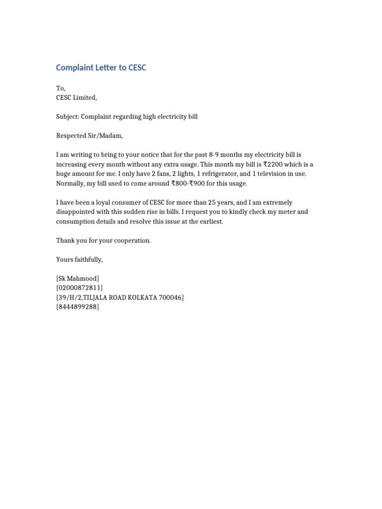 High Electricity Bill Complaint to CESC | PDF