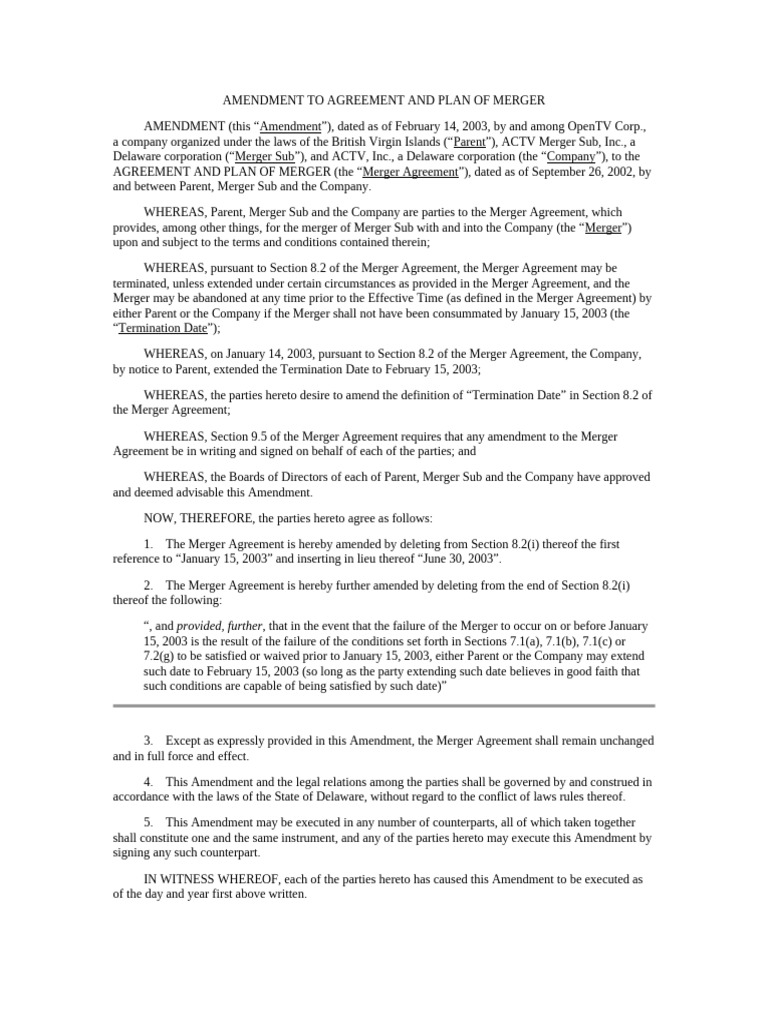 Amendment To Agreement and Plan of Merger | PDF | Common Law | Justice