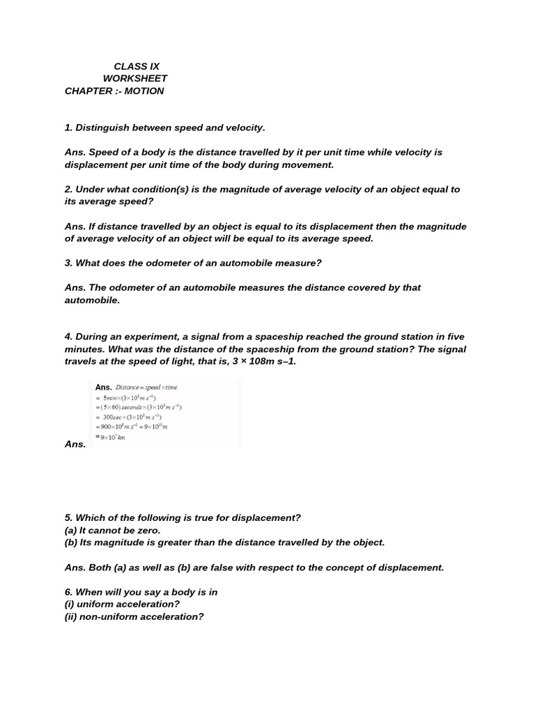 Class 9 Motion Worksheet Answers | PDF