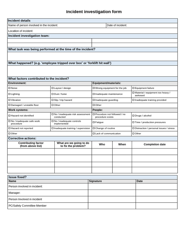 Incident Investigation Form | PDF | Hazards | Working Conditions