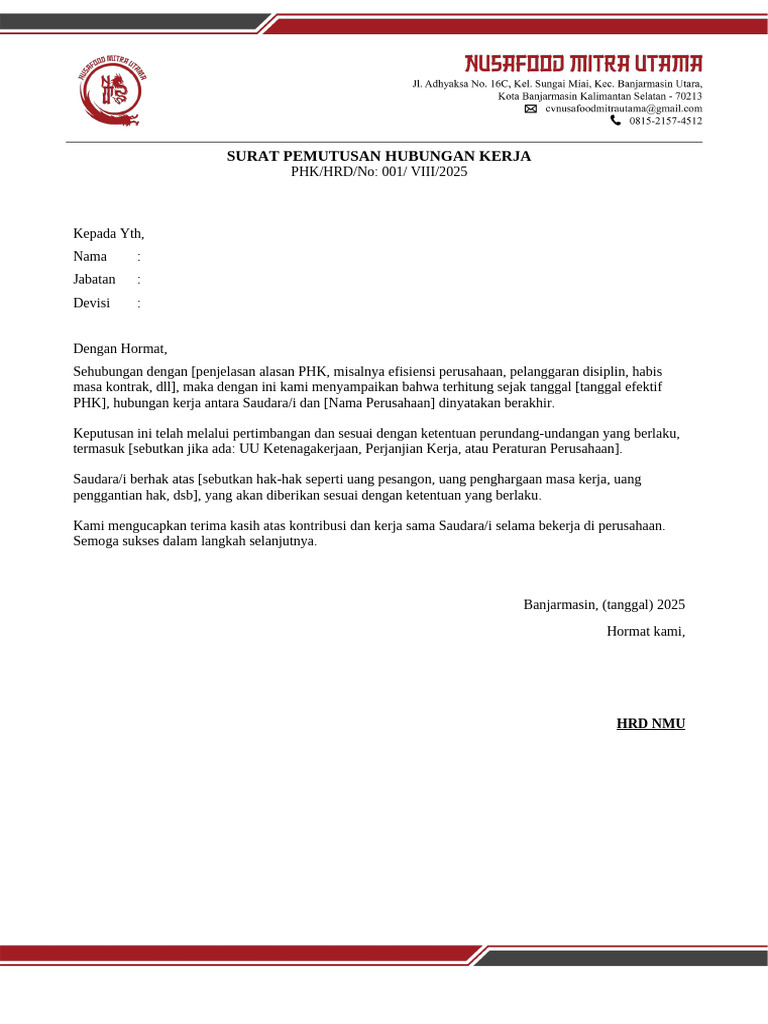 Format Surat PHK | PDF