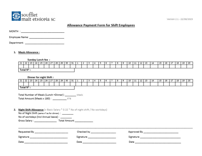 Shift Employee Allowance Payment Form | PDF