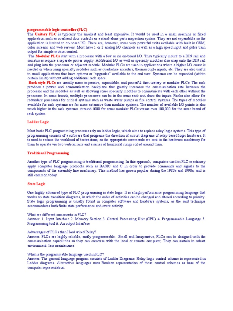 Programmable Logic Controller (PLC) Unitary PLC | PDF | Programmable ...
