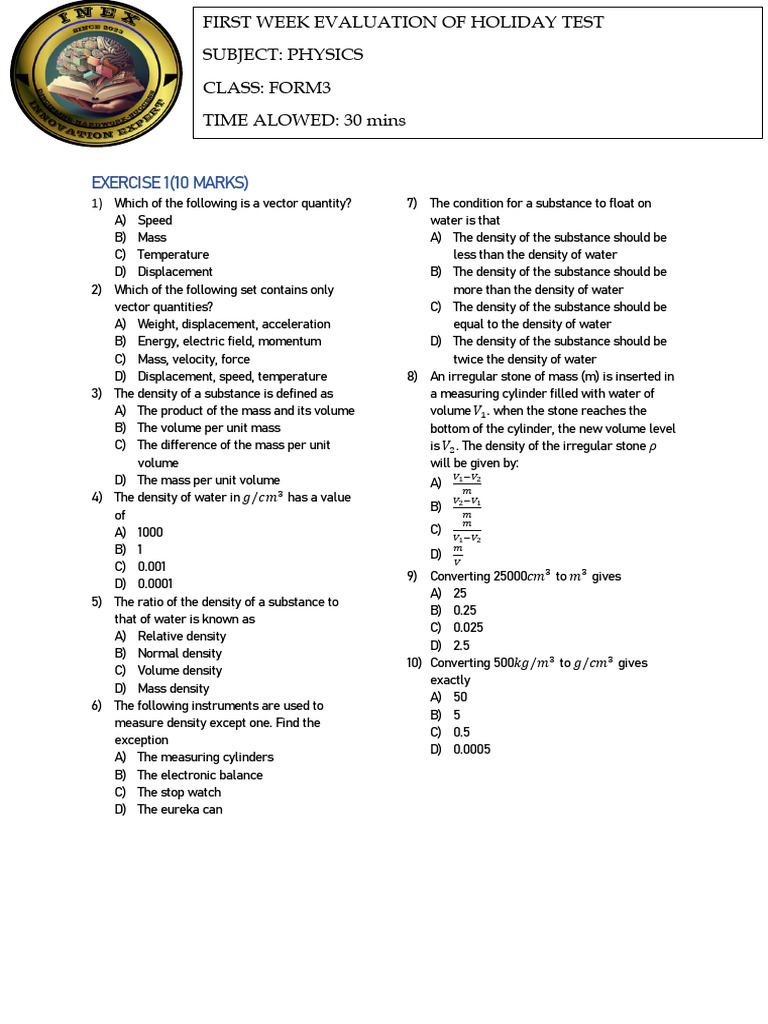 Holiday Test Week 1 Phy F3 | PDF | Density | Volume