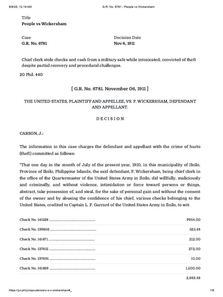 U.S. v. Wickersham, 20 Phil. 440 | PDF | Larceny | Theft