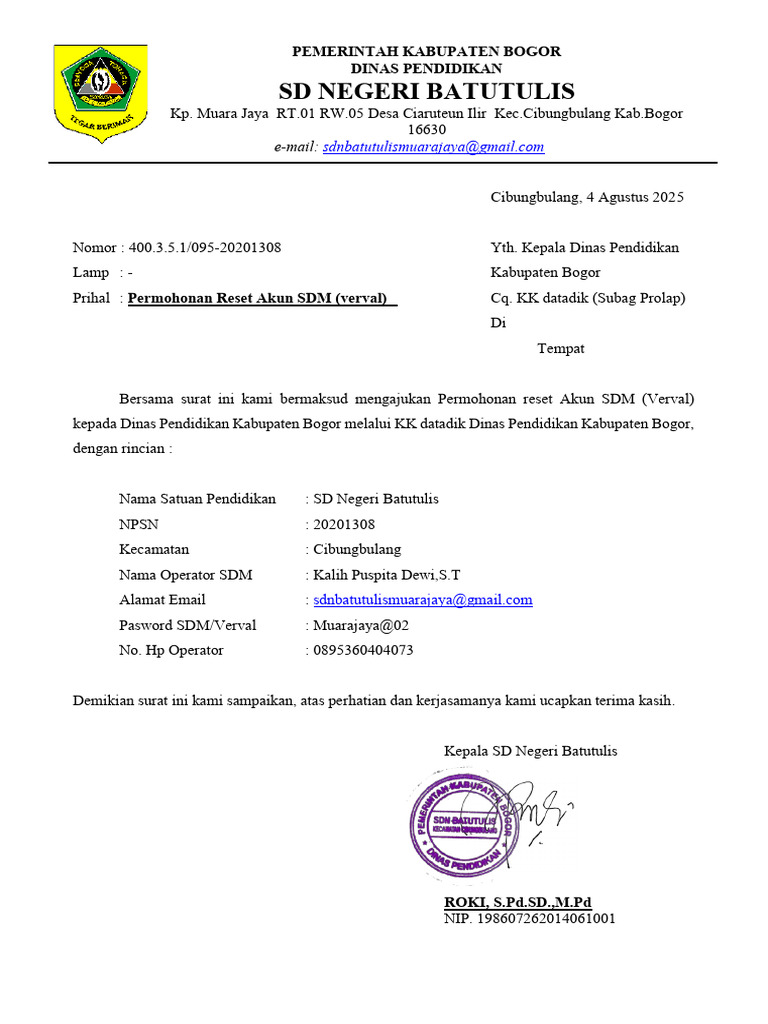 Surat Keterangan Permohonan Reset Akun SDM (Verval) | PDF